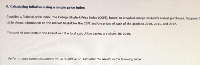 Solved 8. Calculating inflation using a simple price index | Chegg.com