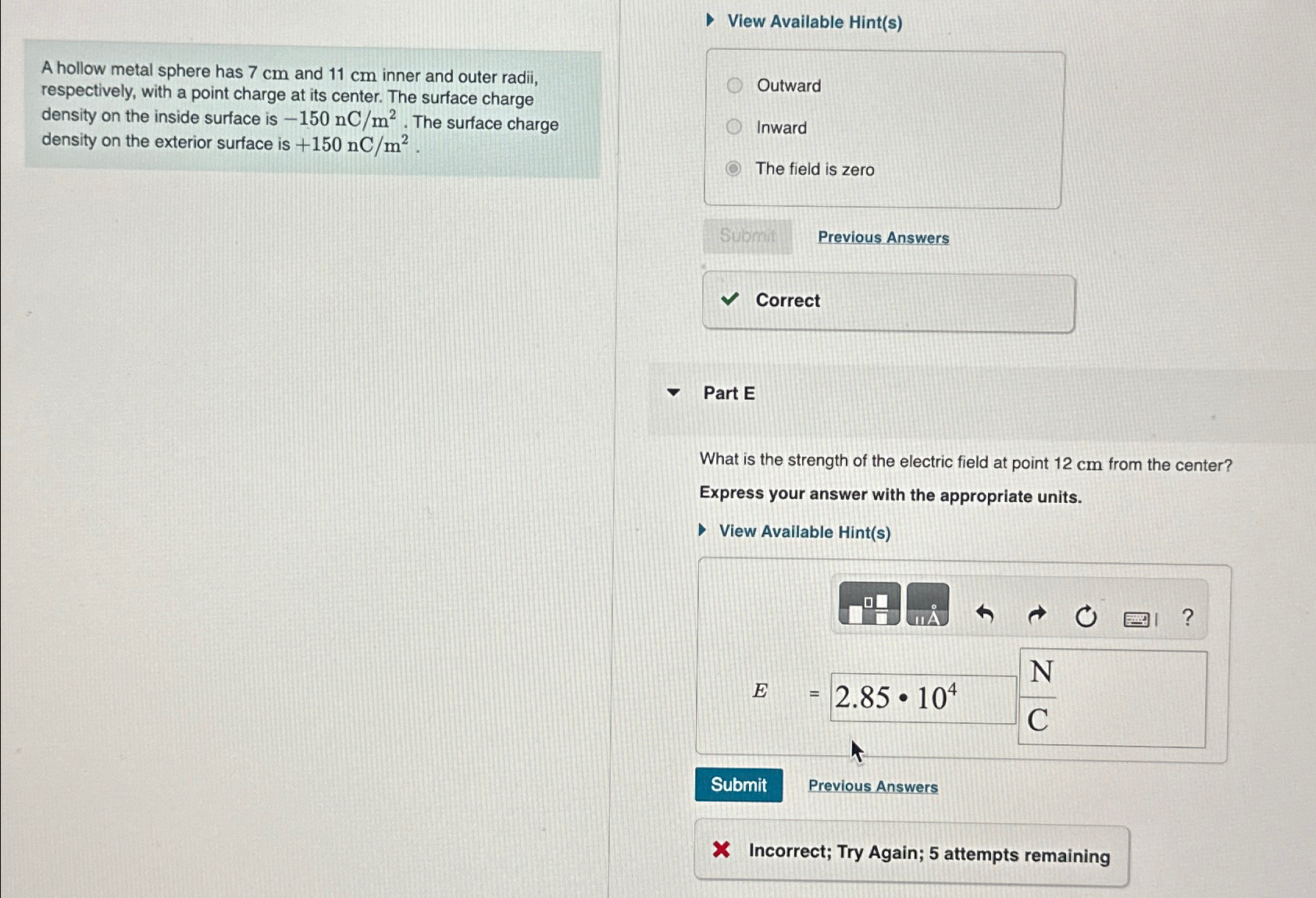Solved View Available Hint(s)A hollow metal sphere has 7cm | Chegg.com
