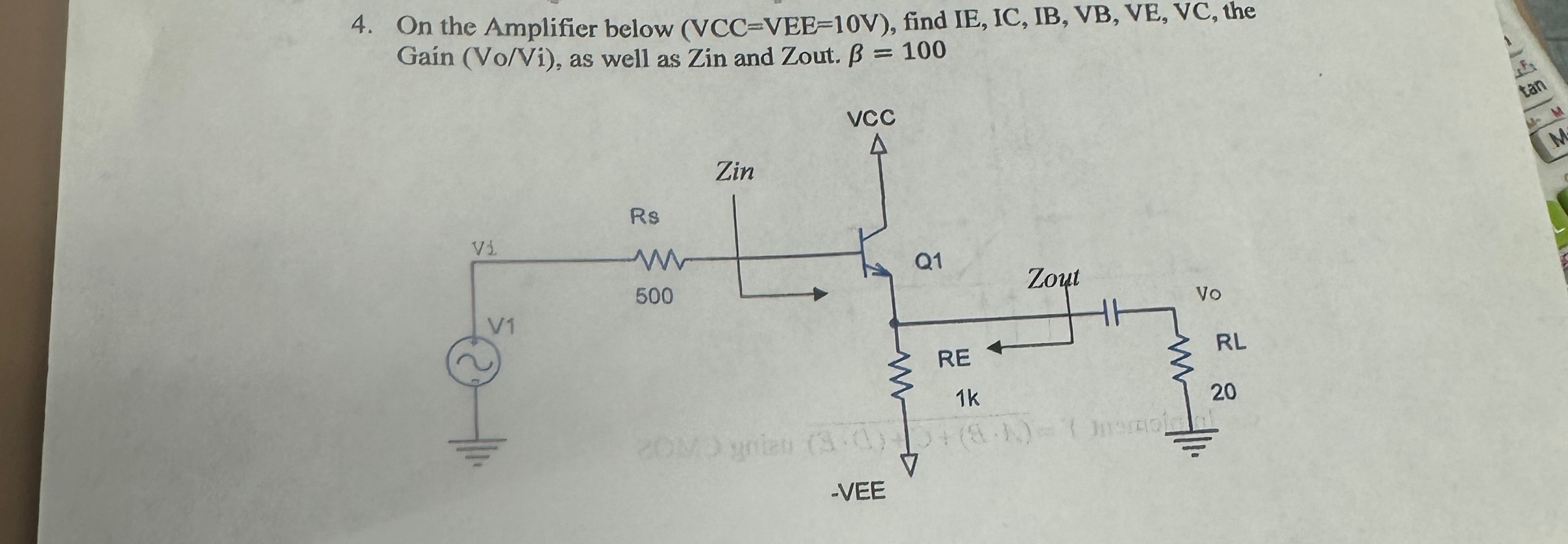 Solved On the Amplifier below (VCC=VEE=10V), ﻿find IE, ﻿IC, | Chegg.com