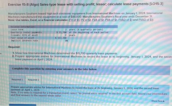 Solved Exercise 15-8 (Algo) Sales-type lease with selling | Chegg.com