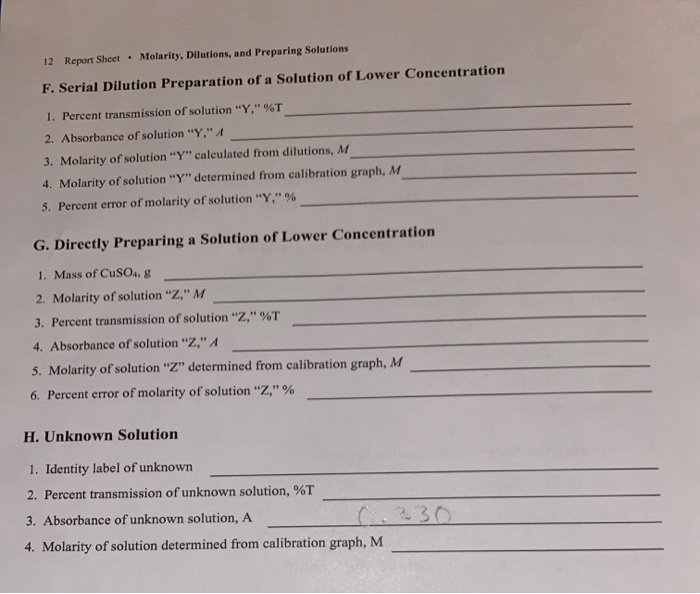 EXPERIMENT 1 REPORT SHEET Molarity, Dilutions, and | Chegg.com