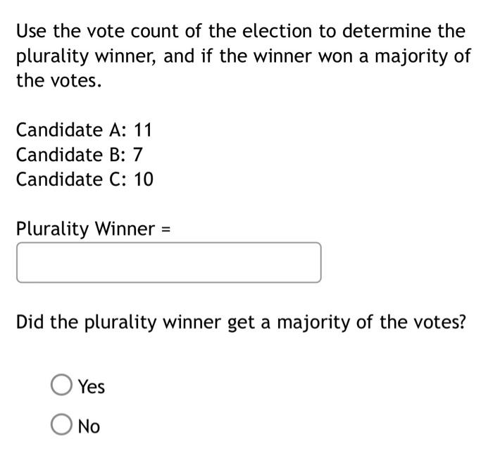 Solved Use the vote count of the election to determine the | Chegg.com