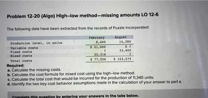 Solved Problem 12-20 (Algo) High-low method-missing amounts | Chegg.com