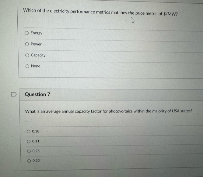 Solved Which of the electricity performance metrics matches | Chegg.com