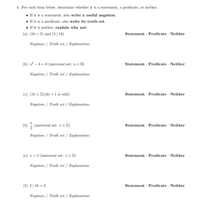 Solved 4. For each item below, determine whether it is a | Chegg.com
