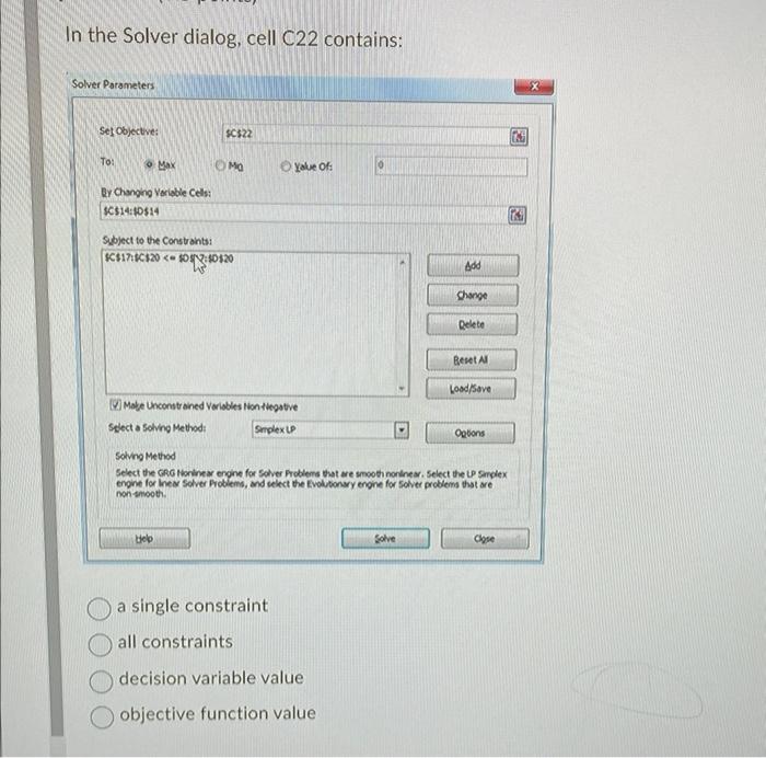 Solved In the Solver dialog, cell C22 contains: Solver | Chegg.com