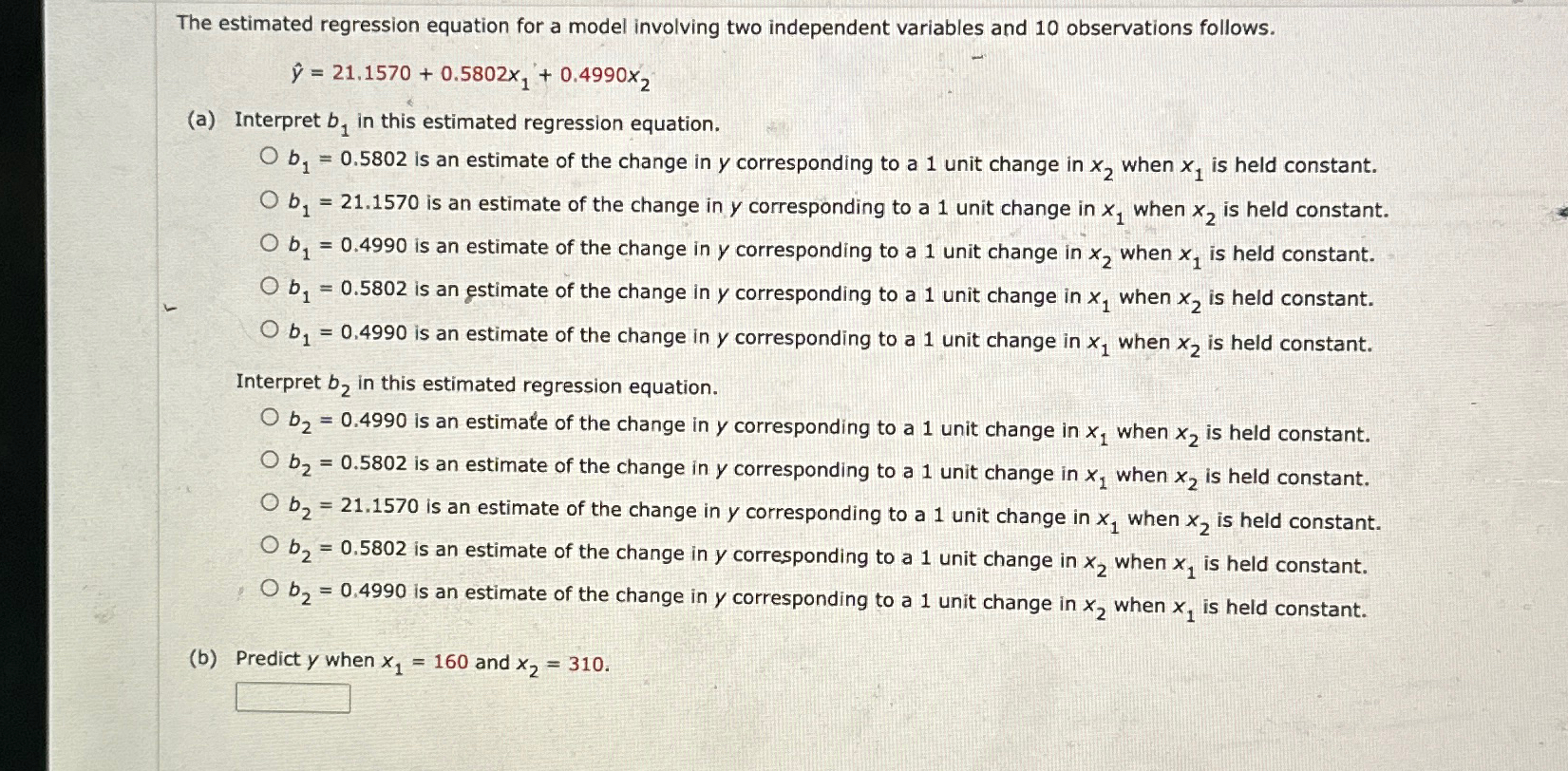 Solved The estimated regression equation for a model | Chegg.com