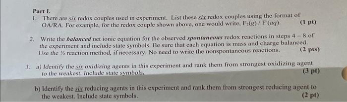 Part I. 1. There are siz redox couples used in | Chegg.com