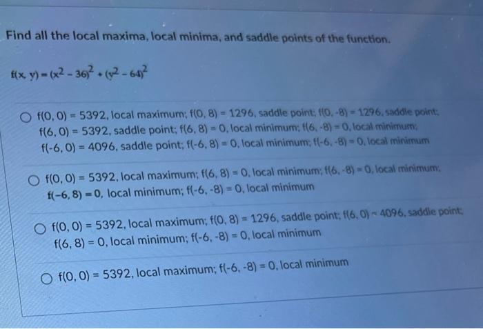 Solved Find all the local maxima, local minima, and saddle | Chegg.com