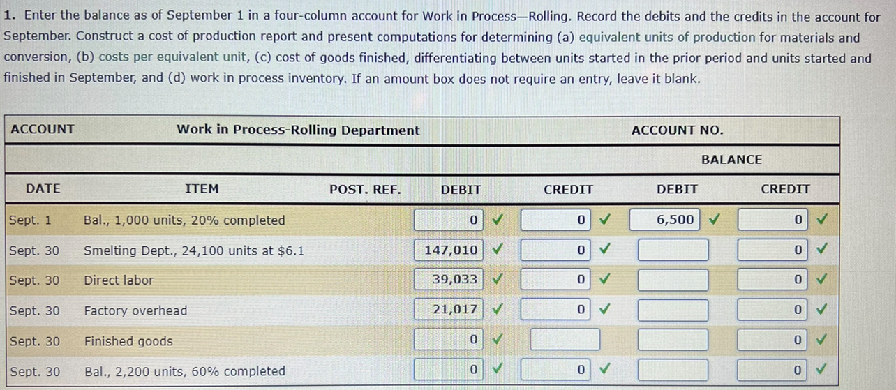 Solved Enter the balance as of September 1 ﻿in a four-column | Chegg.com