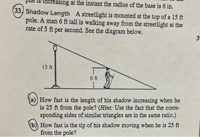 Solved 33. Shadow Length A streetlight is mounted at the top | Chegg.com