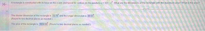 Solved Arectangle is constucted with its base on the x axis | Chegg.com