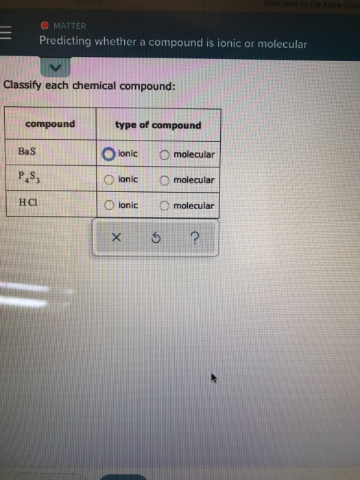 Solved MATTER Predicting whether a compound is ionic or | Chegg.com