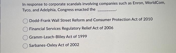 Solved In response to corporate scandals involving companies | Chegg.com