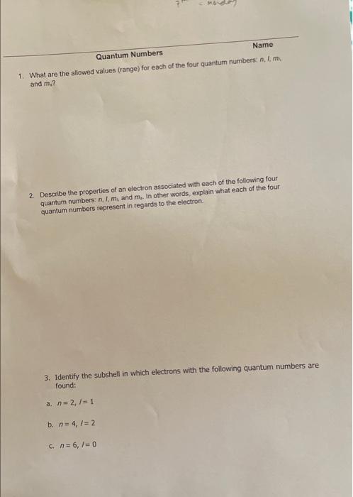Solved Quantum Numbers 1. What are the allowed values | Chegg.com
