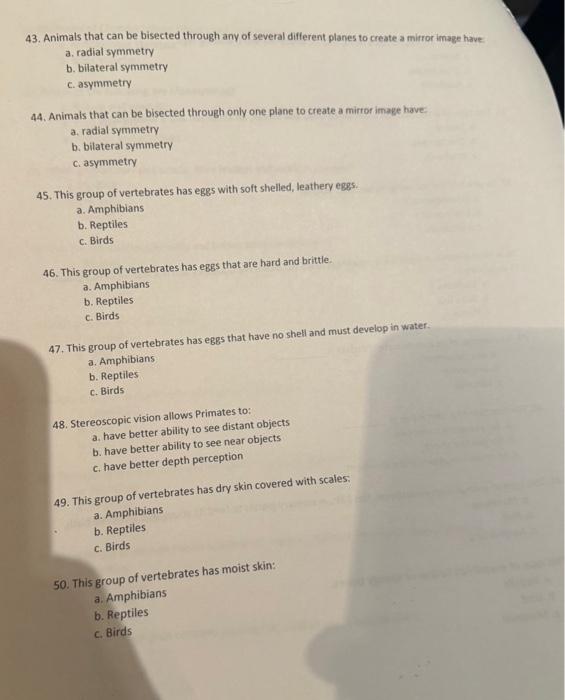 Solved 43. Animals that can be bisected through any of | Chegg.com