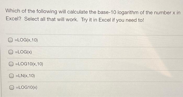 Solved Which of the following will calculate the base-10 | Chegg.com