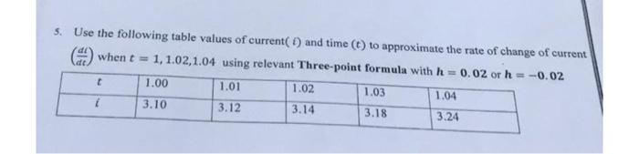 Solved 5. Use the following table values of current (t) and | Chegg.com