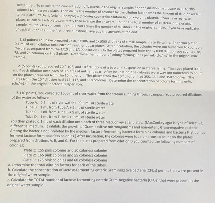 Solved Remember: To calculate the concentration of bacteria | Chegg.com