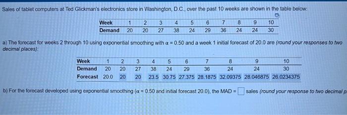 Solved a) The forecast for weeks 2 through 10 using | Chegg.com
