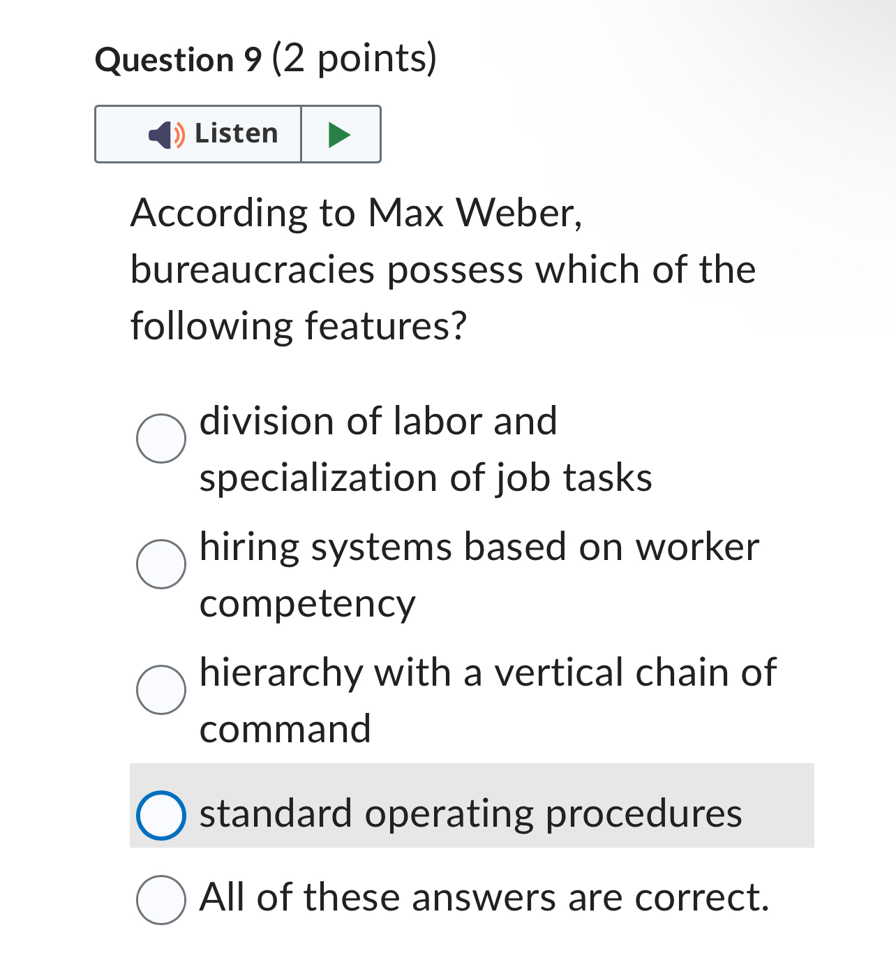 Solved Question 9 (2 ﻿points)According to Max Weber, | Chegg.com