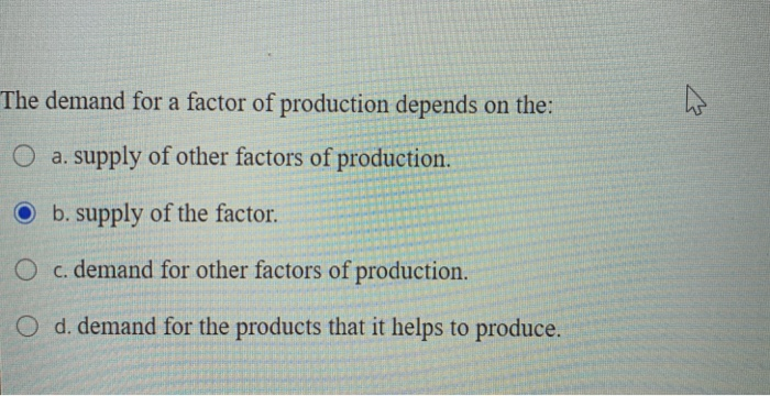 Solved The demand for a factor of production depends on the: | Chegg.com