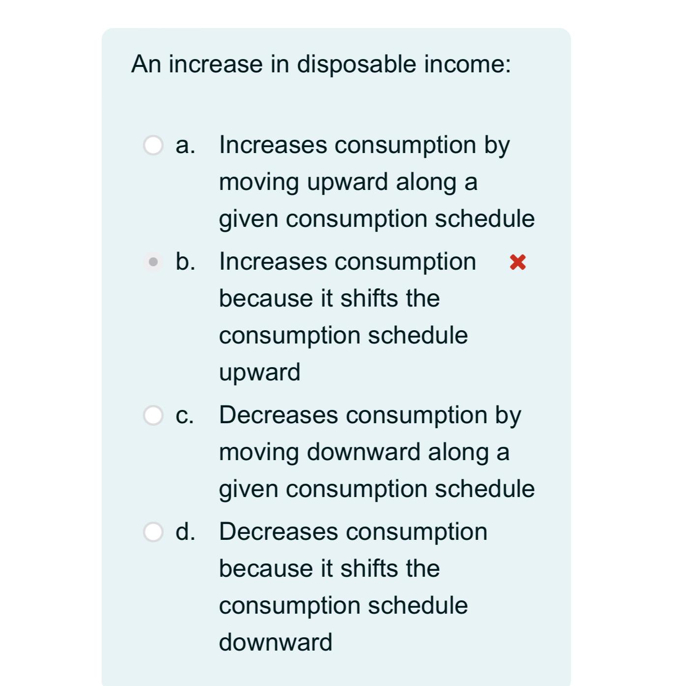 Solved An increase in disposable income:a. ﻿Increases | Chegg.com