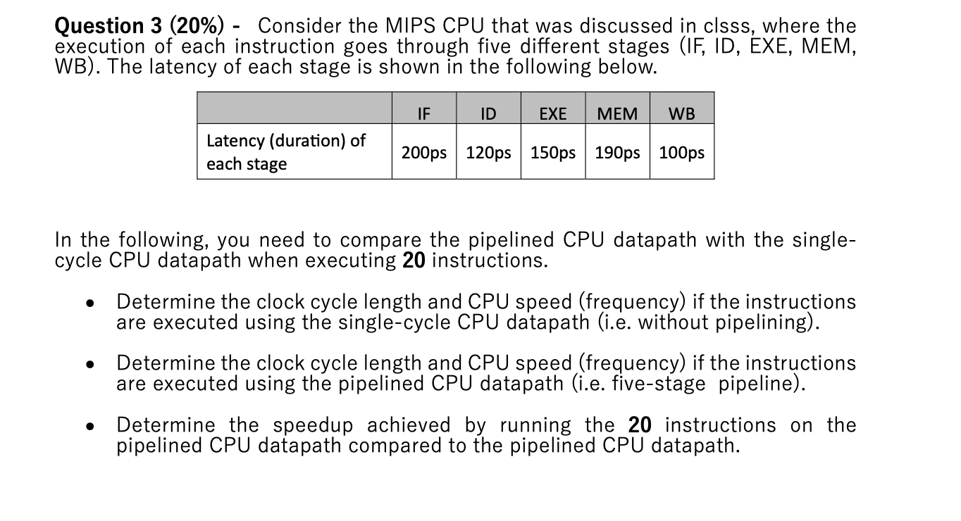 Solved Question 3 (20%) - ﻿Consider the MIPS CPU that was | Chegg.com
