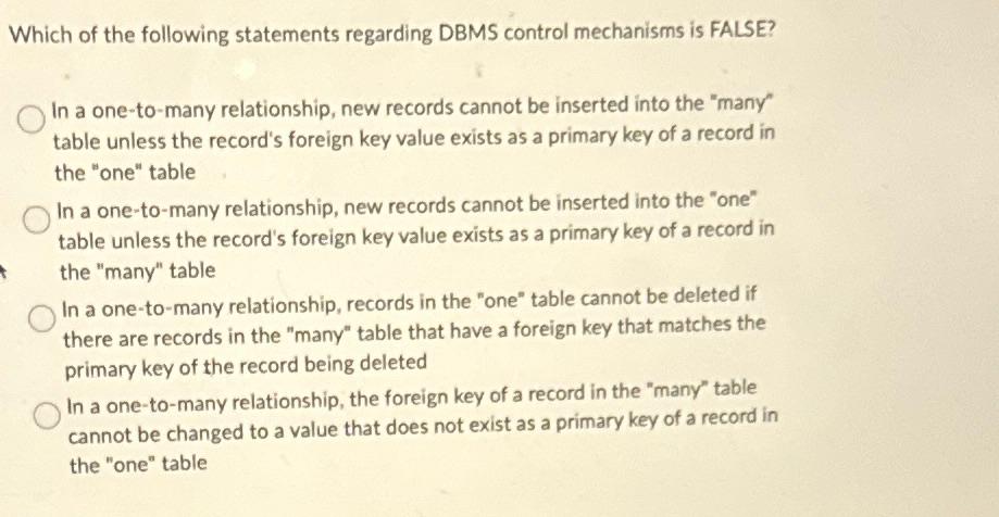 Solved Which of the following statements regarding DBMS | Chegg.com