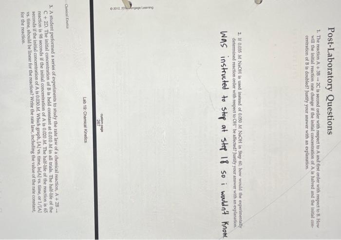 Solved Post-Laboratory Questions 1. The reaction A+3 B→2C is | Chegg.com