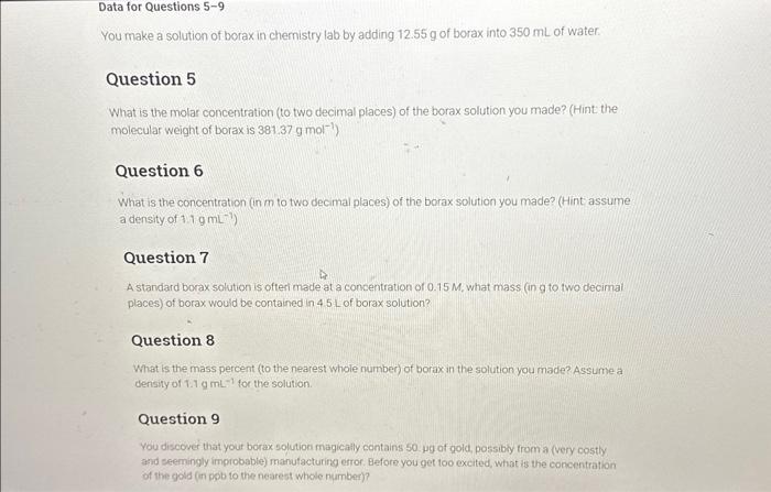 Solved Data for Questions 5-9 You make a solution of borax | Chegg.com