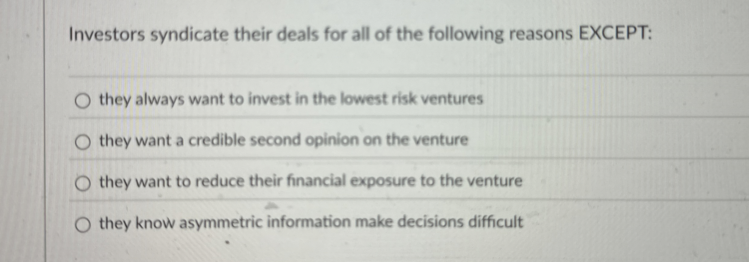 Investors syndicate their deals for all of the | Chegg.com