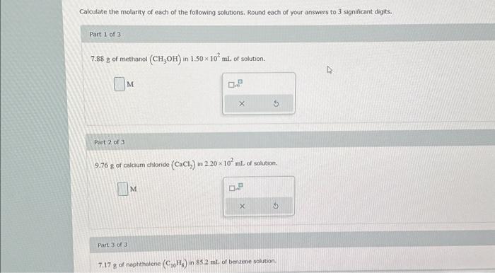 Solved Calculate the molarity of each of the following | Chegg.com