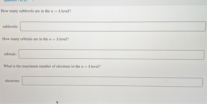 Solved QuestIUI TUI 25 How many sublevels are in the n = 3 | Chegg.com