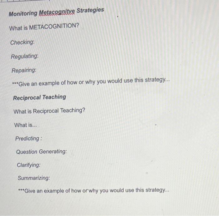 Solved Monitoring Metacegnitye Strategies What is | Chegg.com