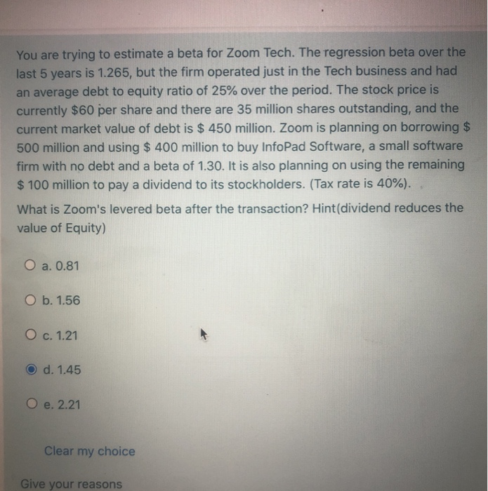 Solved You are trying to estimate a beta for Zoom Tech. The | Chegg.com