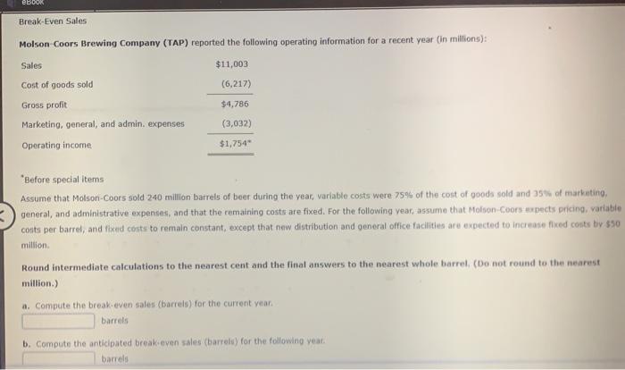 Solved eBOOK Break-Even Sales Molson Coors Brewing Company | Chegg.com