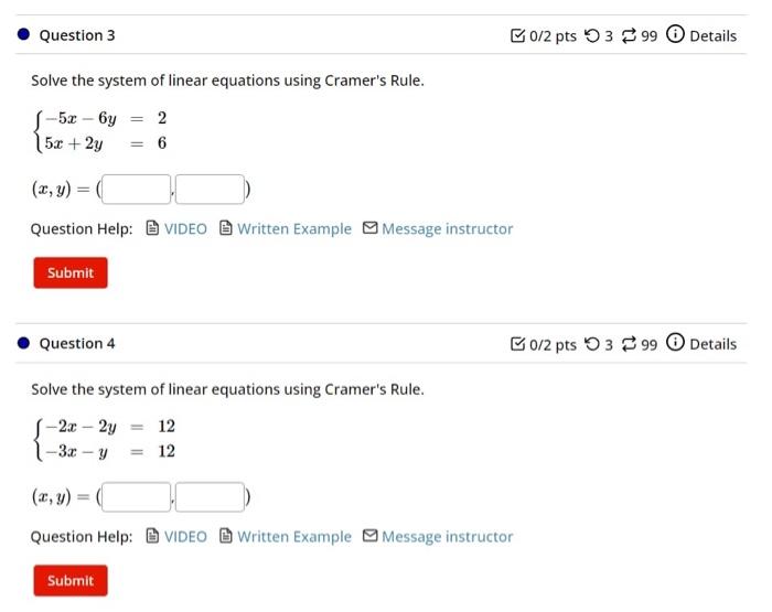 Solved Solve the system of linear equations using Cramer's | Chegg.com