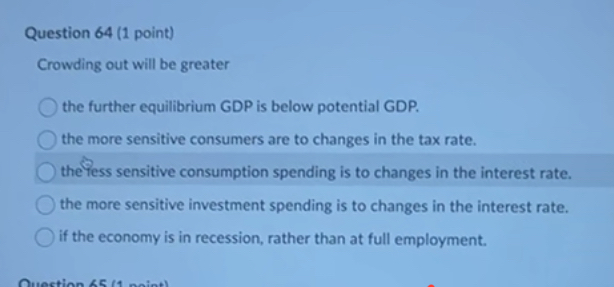 Solved Question 64 (1 ﻿point)Crowding out will be greaterthe | Chegg.com