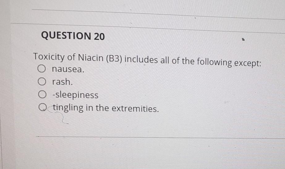 Solved QUESTION 20 Toxicity of Niacin (B3) includes all of | Chegg.com