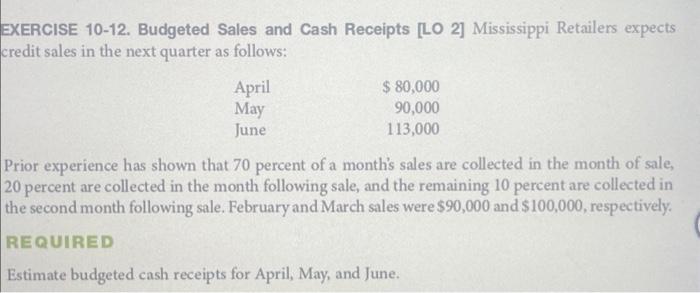Solved EXERCISE 10-12. Budgeted Sales and Cash Receipts [LO | Chegg.com