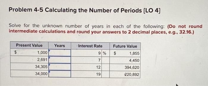 Solved Problem 4-5 Calculating the Number of Periods [LO 4] | Chegg.com
