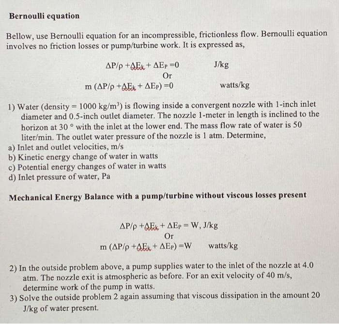 Bellow, use Bernoulli equation for an incompressible, | Chegg.com