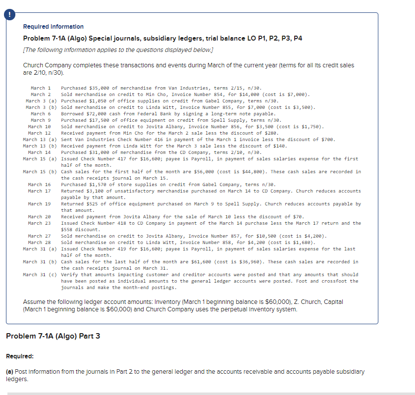 Solved by an EXPERT Problem 7-1A (Algo) ﻿Part 3Required:(a) ﻿Post | Chegg.com