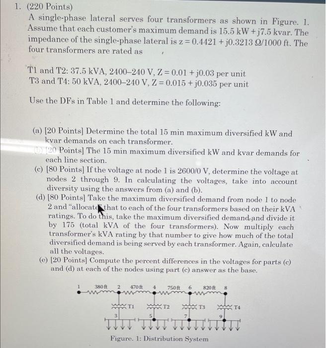 Solved (220 Points) A single-phase lateral serves four | Chegg.com