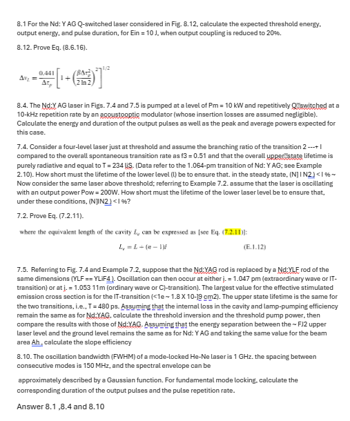 Solved 8.1 ﻿For the Nd: Y AG Q-switched laser considered in | Chegg.com