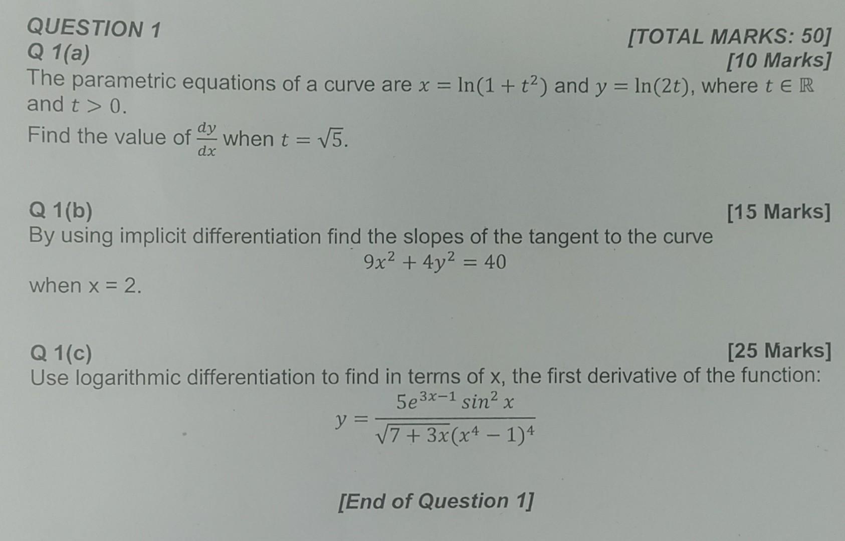 Solved QUESTION 1 Q 1(a) [TOTAL MARKS: 50] The parametric | Chegg.com