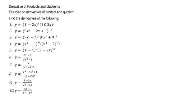 Solved Derivative of Products and Quotients Exercise on | Chegg.com