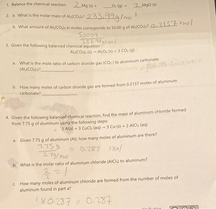 Solved 1. Balance the chemical reaction: 2Mg(s)+O2( | Chegg.com