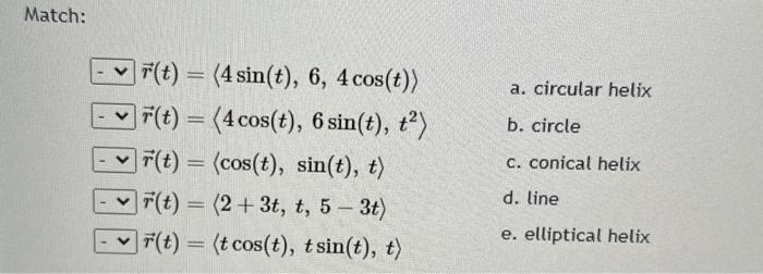 Solved Match: r(t) = (4 sin(t), 6, 4 cos(t)) ]F(t) = (4 | Chegg.com